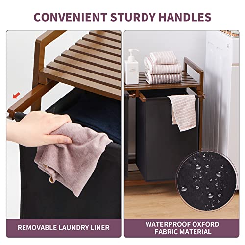 WORTHYEAH Bamboo Laundry Hamper 2 Section Double Landry Organizer Basket with Removable Storage Sorter Bags and Shelf Wooden Dual Laundry Sorter with Sliding Handles Brown