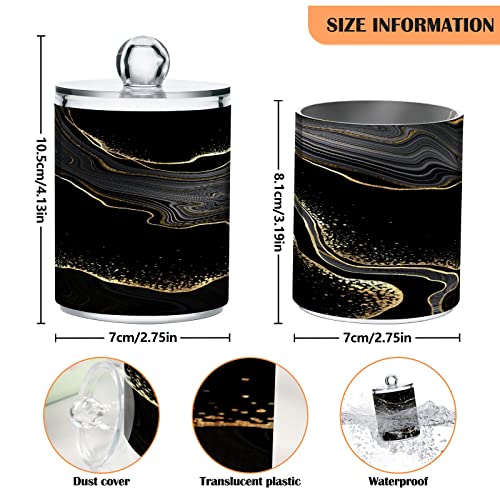 BOENLE 2 Pack Qtip Holder Dispenser Black White Golden Marble Bathroom Storage Canister Lid Acrylic Plastic Apothecary Jar Set Vanity Makeup Organizer for Cotton Swab/Ball/Pad/Floss