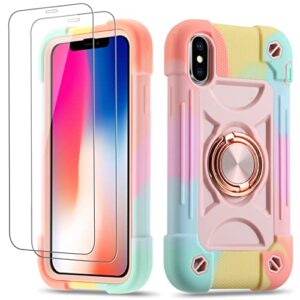 cookiver for iphone x/iphone xs case 5.8 inch with ring stand, with 2 pack glass screen protector,heavy-duty shockproof rugged military grade cover with magnetic car mount (rainbow pink)