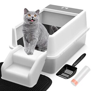 cat litter box set - stainless steel litter box included litter field, litter mat, litter scoop, pet stairs, pet waste bags, antislip bottom and pet stickers, gift for your lovely cats