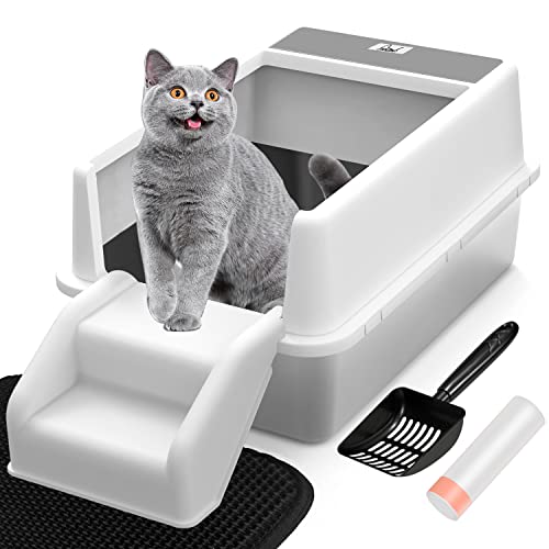 Cat Litter Box Set - Stainless Steel Litter Box Included Litter Field, Litter Mat, Litter Scoop, Pet Stairs, Pet Waste Bags, Antislip Bottom and Pet Stickers, Gift for Your Lovely Cats