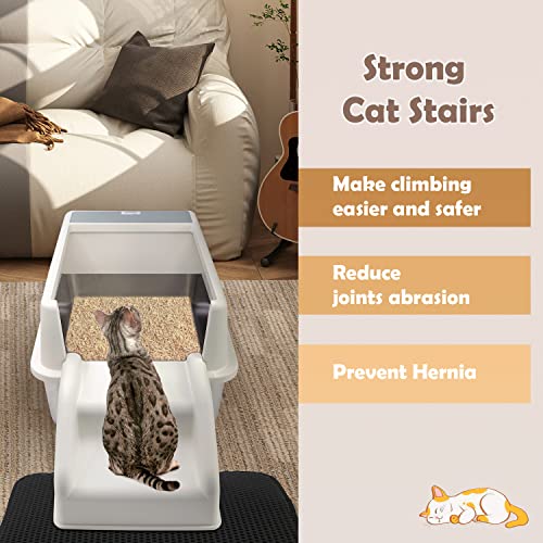 Cat Litter Box Set - Stainless Steel Litter Box Included Litter Field, Litter Mat, Litter Scoop, Pet Stairs, Pet Waste Bags, Antislip Bottom and Pet Stickers, Gift for Your Lovely Cats