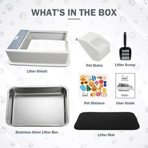 Cat Litter Box Set - Stainless Steel Litter Box Included Litter Field, Litter Mat, Litter Scoop, Pet Stairs, Pet Waste Bags, Antislip Bottom and Pet Stickers, Gift for Your Lovely Cats