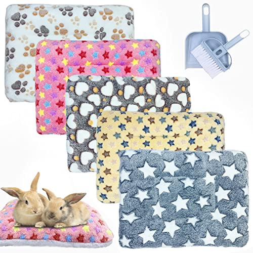 Irieiply 5 PCS 16"x12"x 2" Ultra Soft Cat Bunny Guinea Pig Hamster Bed Mats Small Animal Sleeping Bedding Pads with Cleaning Dustpan Brush, Cozy Rabbit Winter Sleep Cage Thickened Bed