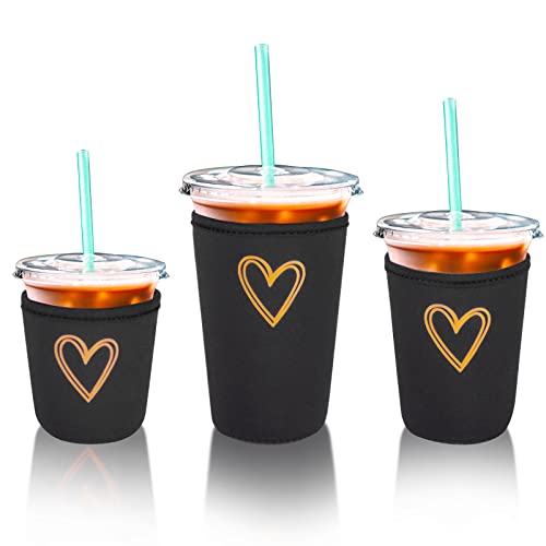 Fycyko Iced Coffee Sleeves Reusable Insulator for Cold& Hot Drink Cups-3 Pack Love Heart Cute Neoprene Iced Coffee Beverages Cup Sleeve,Compatible with Starbucks Dunkin McDonalds More-Black