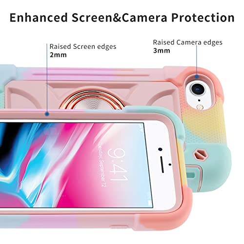 Cookiver for iPhone 8 Plus Case/iPhone 7 Plus Case, iPhone 6 Plus/6S Plus Case 5.5 Inch with Ring Stand, with 2 Pack Glass Screen Protector Heavy-Duty Grade Phone Cover (Rainbow Pink)