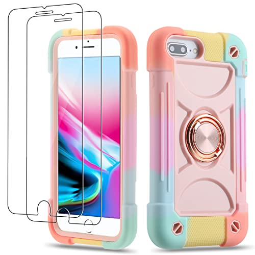 Cookiver for iPhone 8 Plus Case/iPhone 7 Plus Case, iPhone 6 Plus/6S Plus Case 5.5 Inch with Ring Stand, with 2 Pack Glass Screen Protector Heavy-Duty Grade Phone Cover (Rainbow Pink)