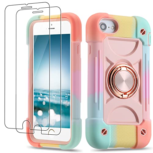 Cookiver iPhone SE3/SE2/6/6S/7/8 4.7" Heavy-Duty Military Grade Rugged Case with Ring Stand & 2 Screen Protectors (Rainbow Pink)