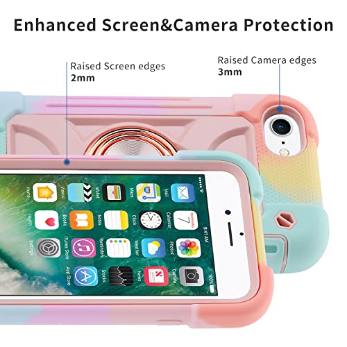 Cookiver iPhone SE3/SE2/6/6S/7/8 4.7" Heavy-Duty Military Grade Rugged Case with Ring Stand & 2 Screen Protectors (Rainbow Pink)