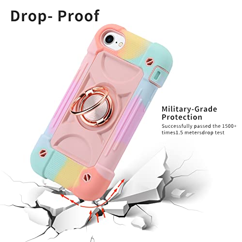 Cookiver iPhone SE3/SE2/6/6S/7/8 4.7" Heavy-Duty Military Grade Rugged Case with Ring Stand & 2 Screen Protectors (Rainbow Pink)