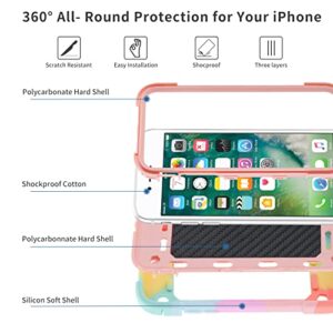 Cookiver iPhone SE3/SE2/6/6S/7/8 4.7" Heavy-Duty Military Grade Rugged Case with Ring Stand & 2 Screen Protectors (Rainbow Pink)