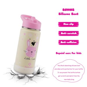 honogo 16 oz Stainless Steel Insulated Kids Water Bottle, Leak Proof Metal Thermos Flask with Straw lid, Cute Toddler Tumbler Cup for School Girls & Boys (Pink, Bunny)