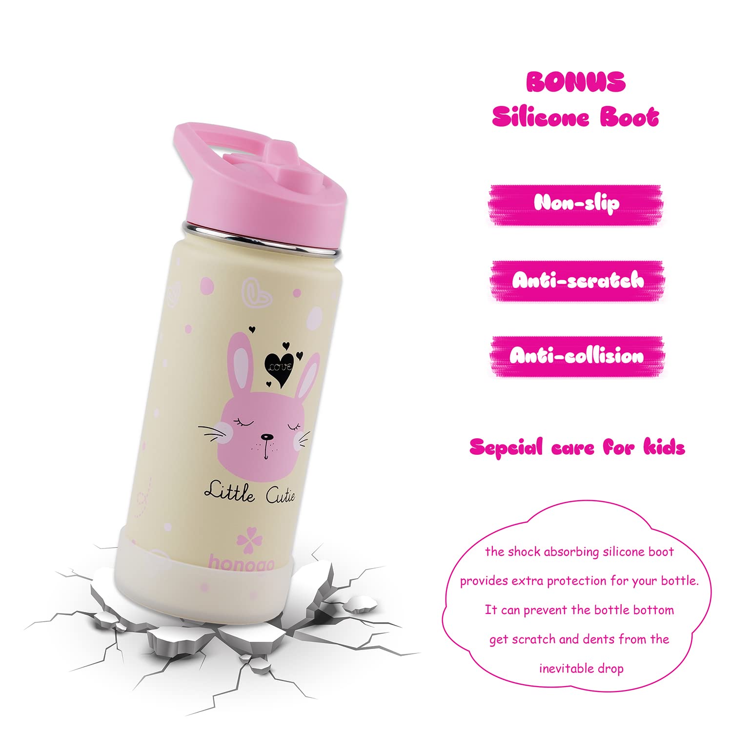 honogo 16 oz Stainless Steel Insulated Kids Water Bottle, Leak Proof Metal Thermos Flask with Straw lid, Cute Toddler Tumbler Cup for School Girls & Boys (Pink, Bunny)