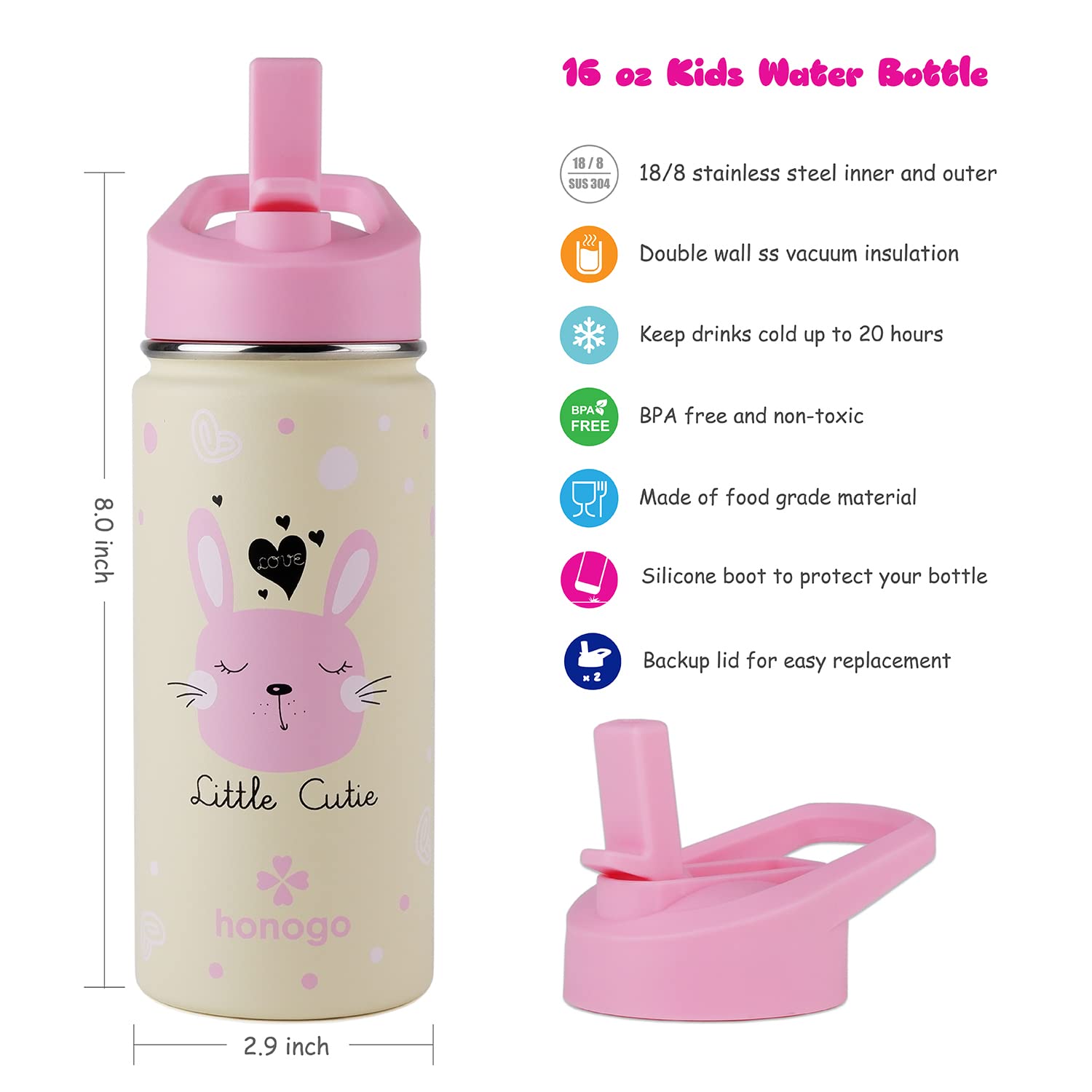 honogo 16 oz Stainless Steel Insulated Kids Water Bottle, Leak Proof Metal Thermos Flask with Straw lid, Cute Toddler Tumbler Cup for School Girls & Boys (Pink, Bunny)