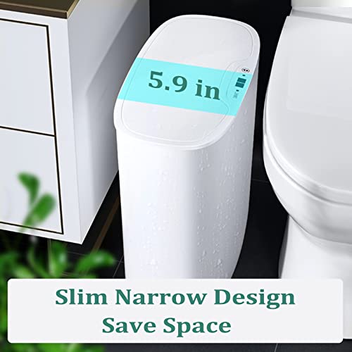 Bathroom Trash Cans with Lids, Sapouni Automatic Motion Sensor Trash Can 2.6 Gallon Smart Touchless Garbage Can Slim Plastic Narrow Rubbish Can for Bathroom, Bedroom, Kitchen (White, Battery operated)