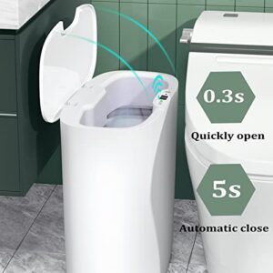 Bathroom Trash Cans with Lids, Sapouni Automatic Motion Sensor Trash Can 2.6 Gallon Smart Touchless Garbage Can Slim Plastic Narrow Rubbish Can for Bathroom, Bedroom, Kitchen (White, Battery operated)