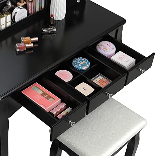 Quimoo Large Vanity Desk with LED Lighted Mirror & Power Outlet,Makeup Vanity Table with 7 Drawers,4 Shelves and 8 Hooks,for Bedroom,Bathroom,Black