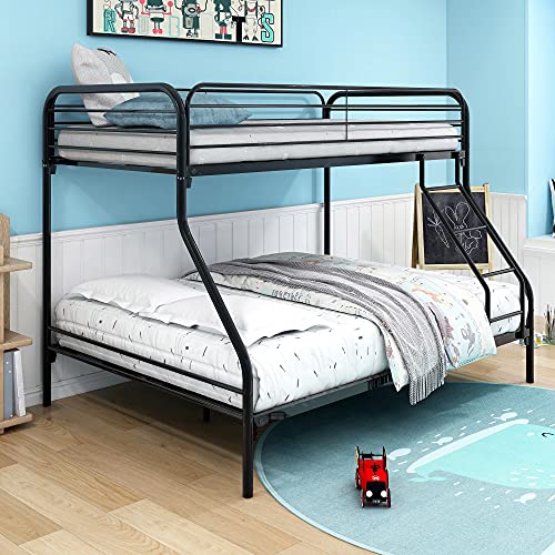 MOEO Twin Over Full Metal Bunk Bed, Heavy Duty Bedframe with Enhanced Upper-Level Guardrail for Kids, Bedroom and Home Furniutre, No Box Spring Required, Black