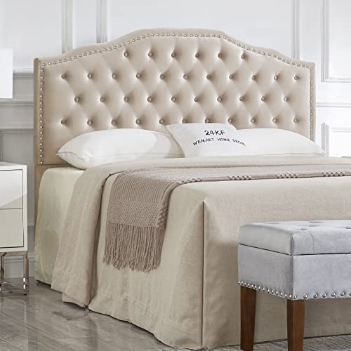 24KF Upholstered Button Tufted Queen Headboard with Nailhead Trim, Soft Velvet Fabric Headboard Queen/Full 6031-Q-TAUPE