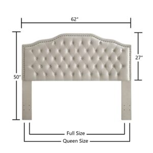 24KF Upholstered Button Tufted Queen Headboard with Nailhead Trim, Soft Velvet Fabric Headboard Queen/Full 6031-Q-TAUPE