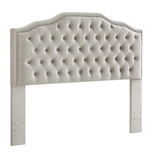 24KF Upholstered Button Tufted Queen Headboard with Nailhead Trim, Soft Velvet Fabric Headboard Queen/Full 6031-Q-TAUPE