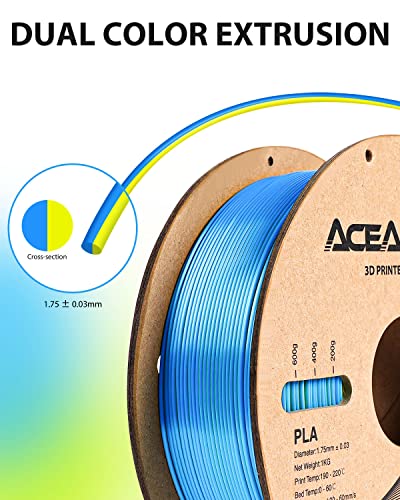 Aceaddity Silk Magic PLA 3D Printer Filament, Dual-Colour Co-Extrusion 1.75mm 3D Printing PLA Filament, Shiny Silk Coextruded PLA, Dimensional Accuracy +/- 0.03 mm, 1kg/2.2lbs (Blue-Yellow)