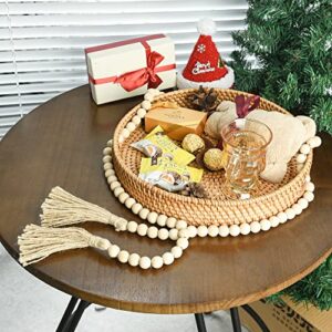 Decorative Round Basket Tray Rattan Woven Serving Tray Natural Hand-Woven Centerpiece Basket with Handles and Wood Bead Garland for Christmas Home Decor Coffee Table Fruit Bread Serving 11.8 inch