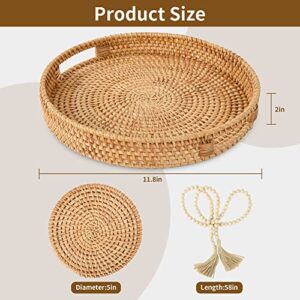 Decorative Round Basket Tray Rattan Woven Serving Tray Natural Hand-Woven Centerpiece Basket with Handles and Wood Bead Garland for Christmas Home Decor Coffee Table Fruit Bread Serving 11.8 inch