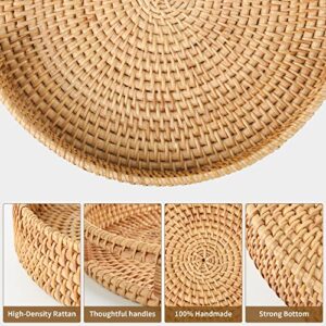 Decorative Round Basket Tray Rattan Woven Serving Tray Natural Hand-Woven Centerpiece Basket with Handles and Wood Bead Garland for Christmas Home Decor Coffee Table Fruit Bread Serving 11.8 inch