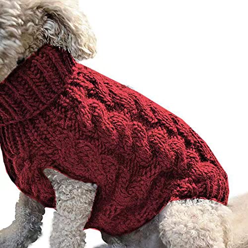 Turtleneck Dog Sweater - Winter Coat Apparel Classic Cable Knit Clothes with Leash Hole for Cold Weather, Ideal Gift for Pet. (Medium, Red)