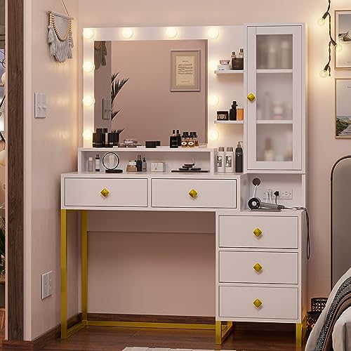 Tiptiper Makeup Vanity with Charging Station, Mirror with Lights and Table Set, Large Vanity Desk with Storage Shelves, 5 Drawers, Modern Vanity Table with Nightstand, White and Gold