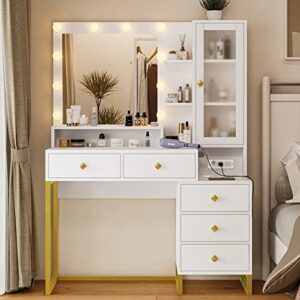 Tiptiper Makeup Vanity with Charging Station, Mirror with Lights and Table Set, Large Vanity Desk with Storage Shelves, 5 Drawers, Modern Vanity Table with Nightstand, White and Gold