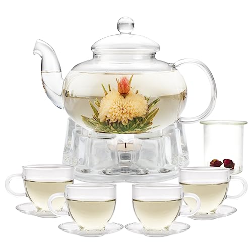 Glass Teapot Set, 34OZ/1000ML Glass Tea Kettle with Loose Tea Infuser & Warmer, 5oz/150ML Tea Cup & Saucer Set of 4, Stovetop & Microwave Safe Tea Maker, Blooming Tea Gift Set For Women