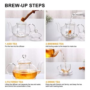 Glass Teapot Set, 34OZ/1000ML Glass Tea Kettle with Loose Tea Infuser & Warmer, 5oz/150ML Tea Cup & Saucer Set of 4, Stovetop & Microwave Safe Tea Maker, Blooming Tea Gift Set For Women