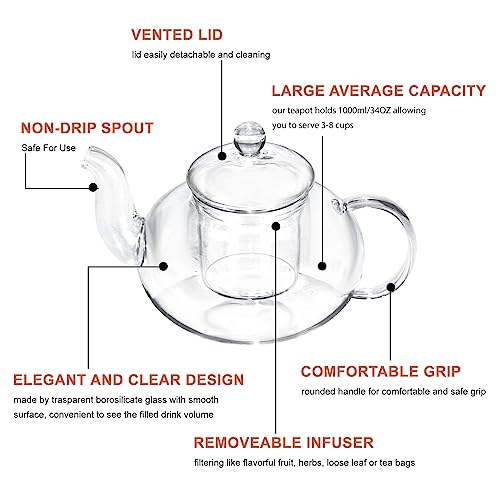 Glass Teapot Set, 34OZ/1000ML Glass Tea Kettle with Loose Tea Infuser & Warmer, 5oz/150ML Tea Cup & Saucer Set of 4, Stovetop & Microwave Safe Tea Maker, Blooming Tea Gift Set For Women