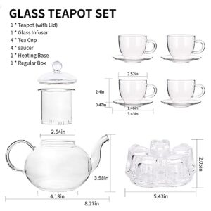 Glass Teapot Set, 34OZ/1000ML Glass Tea Kettle with Loose Tea Infuser & Warmer, 5oz/150ML Tea Cup & Saucer Set of 4, Stovetop & Microwave Safe Tea Maker, Blooming Tea Gift Set For Women