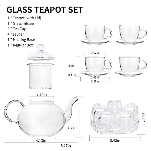 Glass Teapot Set, 34OZ/1000ML Glass Tea Kettle with Loose Tea Infuser & Warmer, 5oz/150ML Tea Cup & Saucer Set of 4, Stovetop & Microwave Safe Tea Maker, Blooming Tea Gift Set For Women