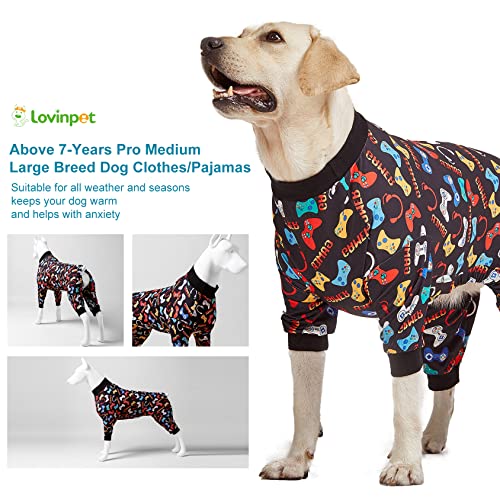 LovinPet Large Dog Pajamas Pitbull Boxer Dogs - Game Console Print, Wound Care/Post Surgery Dog Clothes, Pet Anxiety Relief, Lightweight Stretchy Big Dog Pullover Shirt, Large Dog Jammies/Large