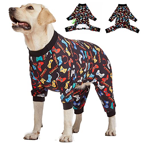 LovinPet Large Dog Pajamas Pitbull Boxer Dogs - Game Console Print, Wound Care/Post Surgery Dog Clothes, Pet Anxiety Relief, Lightweight Stretchy Big Dog Pullover Shirt, Large Dog Jammies/Large