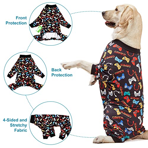 LovinPet Large Dog Pajamas Pitbull Boxer Dogs - Game Console Print, Wound Care/Post Surgery Dog Clothes, Pet Anxiety Relief, Lightweight Stretchy Big Dog Pullover Shirt, Large Dog Jammies/Large