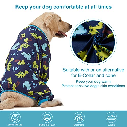 LovinPet Dog Clothing for Large Dogs: Dinosaur in The Jungle Print, Lightweight Stretchy Knit Pullover Puppy Pajamas, Large Dog Onesie. Large Breed Dog Jammies, Pet PJ's/XXL