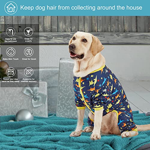 LovinPet Big Dog Pajamas for Large Dogs/Prehistoric Adventure Dinosaur Navy Print/Lightweight Stretchy Knit Pullover Dog Pajamas/Large Dog Onesie, Large Breed Jammies, Pet PJ's/Large