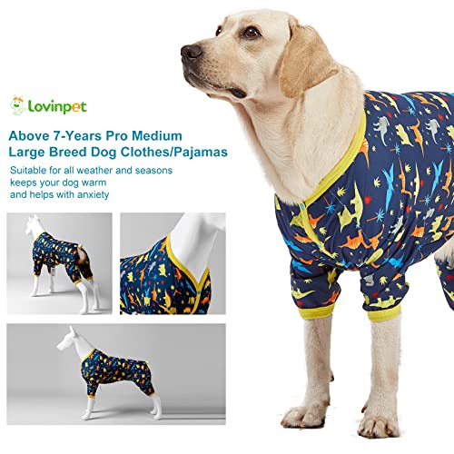 LovinPet Big Dog Pajamas for Large Dogs/Prehistoric Adventure Dinosaur Navy Print/Lightweight Stretchy Knit Pullover Dog Pajamas/Large Dog Onesie, Large Breed Jammies, Pet PJ's/Large