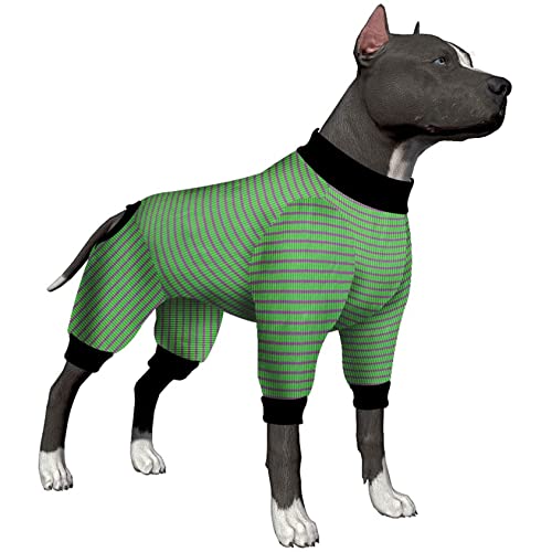 LovinPet Big Pitbull Dog Pajamas, Cotton Green and Grey Stripe Dog Shirt, Pure Cotton Large Breed Dog Jammies, Pet PJ's/Large