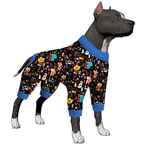 LovinPet Full Onesie for Large Dog, Lightweight Stretchy Fabric, Woodland Musicians Black Print Dog Pajamas, UV Protection, Lage Breed Dog Jammies, Pet PJ's/XXL