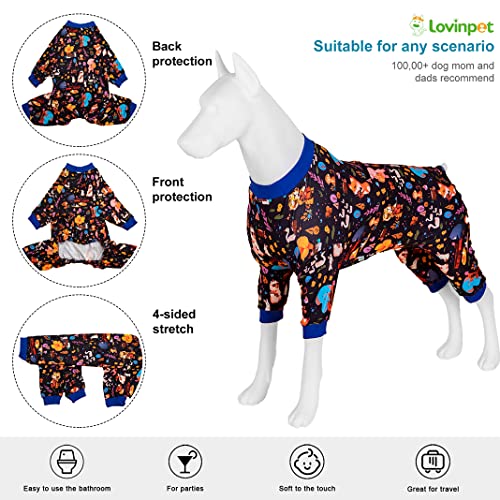 LovinPet Full Onesie for Large Dog, Lightweight Stretchy Fabric, Woodland Musicians Black Print Dog Pajamas, UV Protection, Lage Breed Dog Jammies, Pet PJ's/XXL