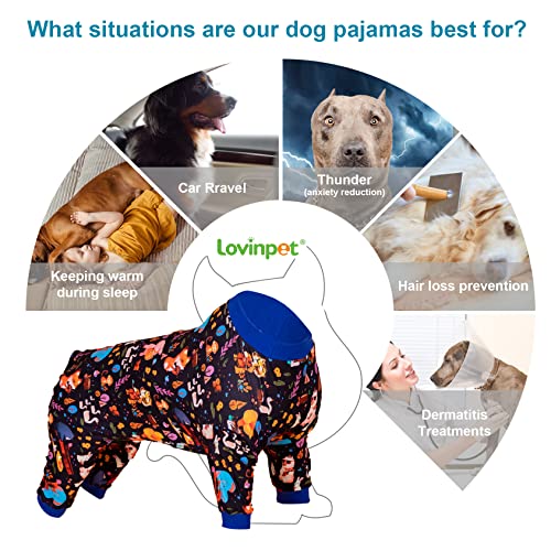 LovinPet Full Onesie for Large Dog, Lightweight Stretchy Fabric, Woodland Musicians Black Print Dog Pajamas, UV Protection, Lage Breed Dog Jammies, Pet PJ's/XXL