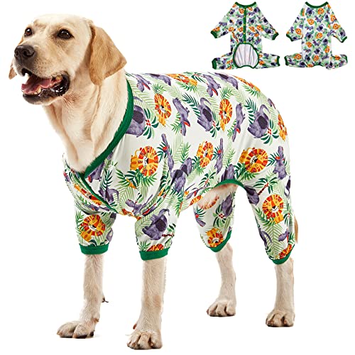 LovinPet Large Dog Pajamas Onesie: Lightweight Stretchy Knit Pullover Large Breed Jammies, Big Hippo Green Print, Wound Care/Post Surgery Dog Shirt, UV Protection, Pet PJ's, Dog Onesie/Medium