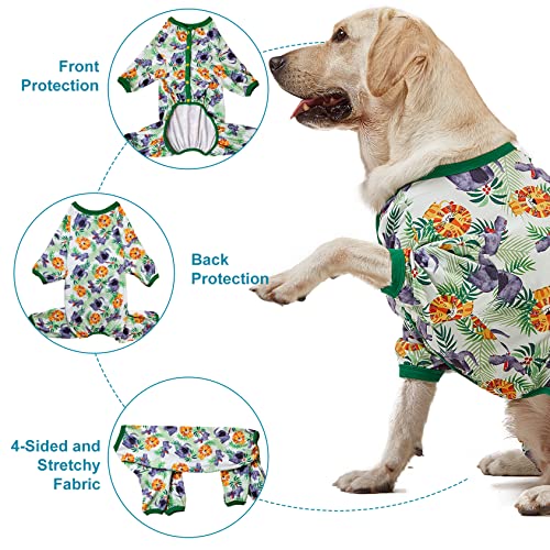 LovinPet Large Dog Pajamas Onesie: Lightweight Stretchy Knit Pullover Large Breed Jammies, Big Hippo Green Print, Wound Care/Post Surgery Dog Shirt, UV Protection, Pet PJ's, Dog Onesie/Medium