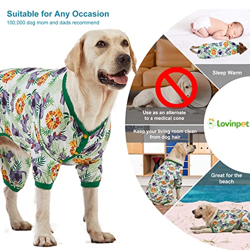 LovinPet Large Dog Pajamas Onesie: Lightweight Stretchy Knit Pullover Large Breed Jammies, Big Hippo Green Print, Wound Care/Post Surgery Dog Shirt, UV Protection, Pet PJ's, Dog Onesie/Medium